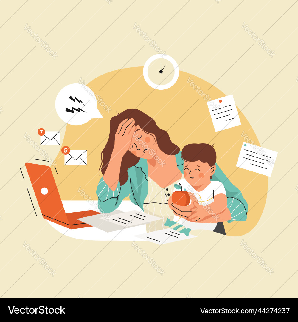 Tired mom trying to work Royalty Free Vector Image