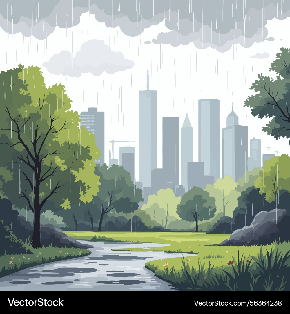 Ai-generated rain falling on city park with river Vector Image