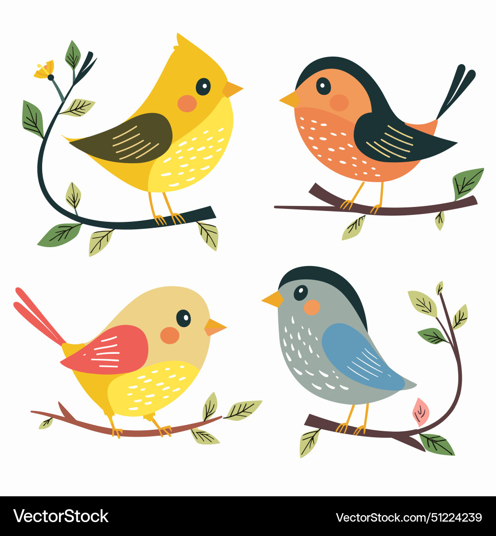 Cartoon birds perched branches colorful feathers Vector Image
