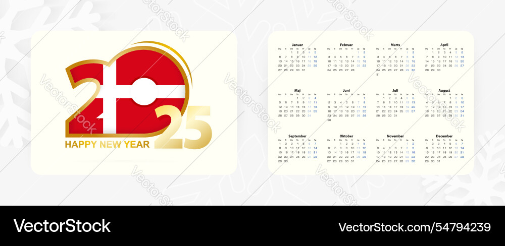 Danish Pocket Calendar 2025 Royalty Free Vector Image