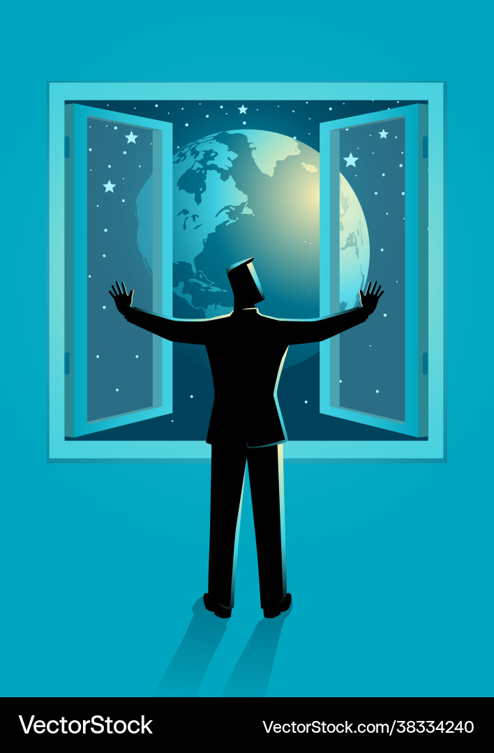 Man opening window to see world Royalty Free Vector Image