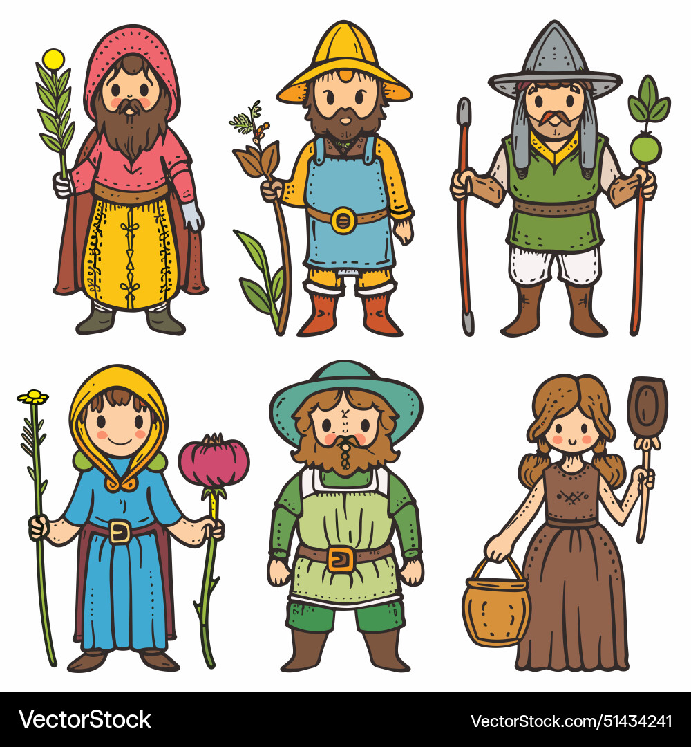 Six cartoon medieval characters holding plants Vector Image