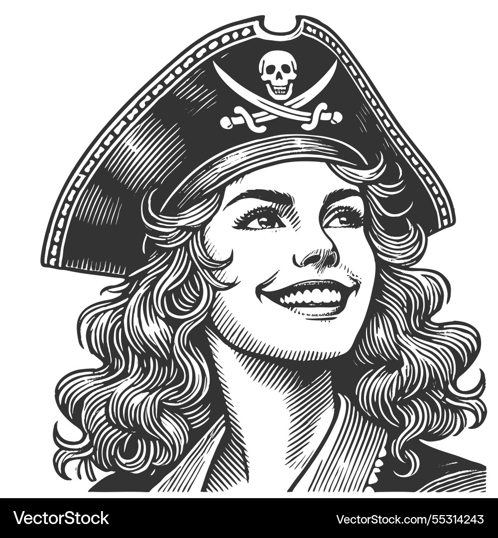 Smiling female pirate engraving Royalty Free Vector Image