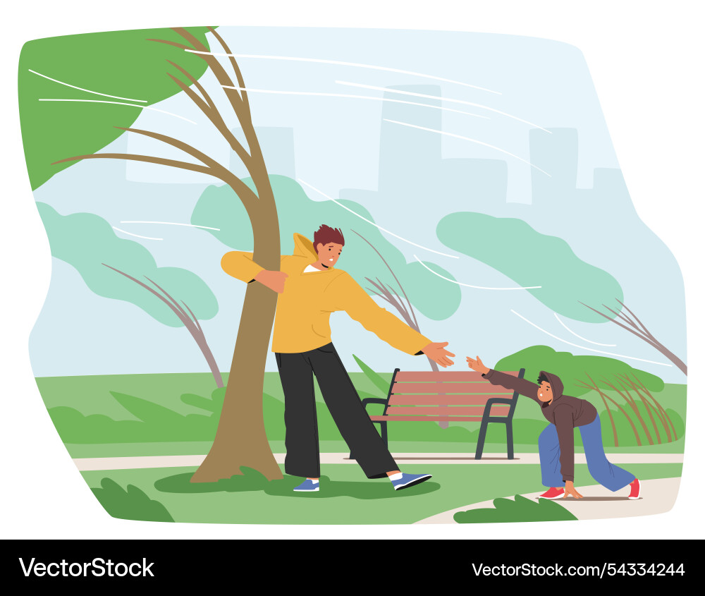 Father and son fighting with strong wind trying Vector Image