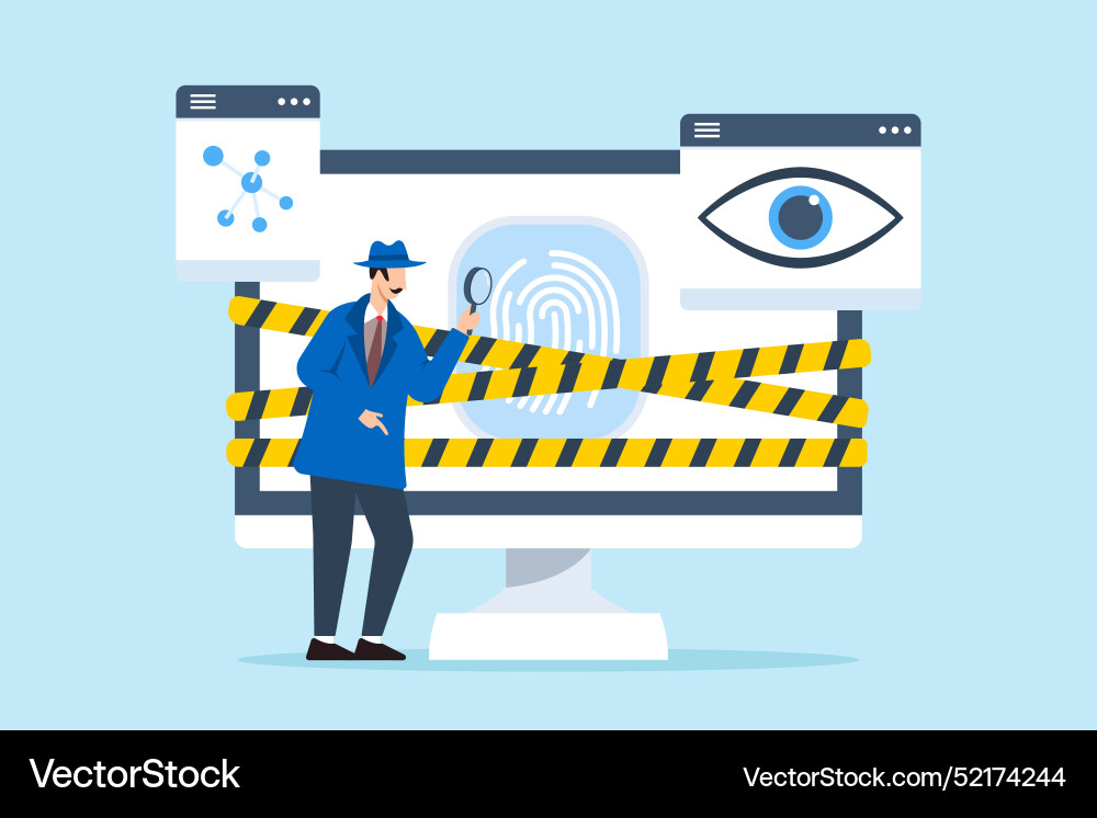 Flat of detective overseeing digital forensics Vector Image