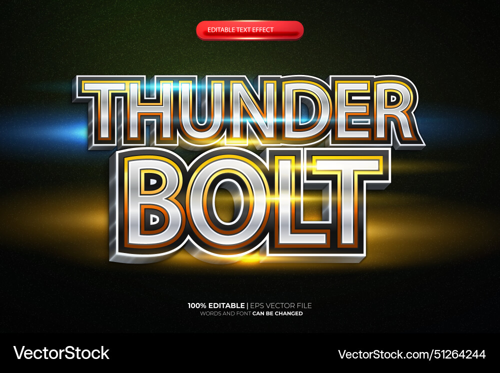 Thunder bolt metal flash 3d editable text effect Vector Image
