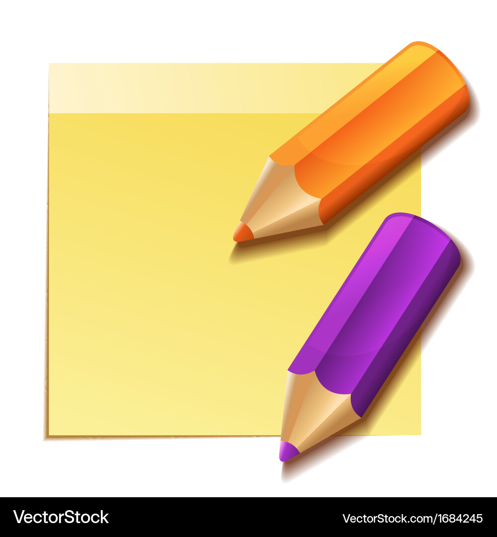 Realistic yellow stick note and two color pencils Vector Image