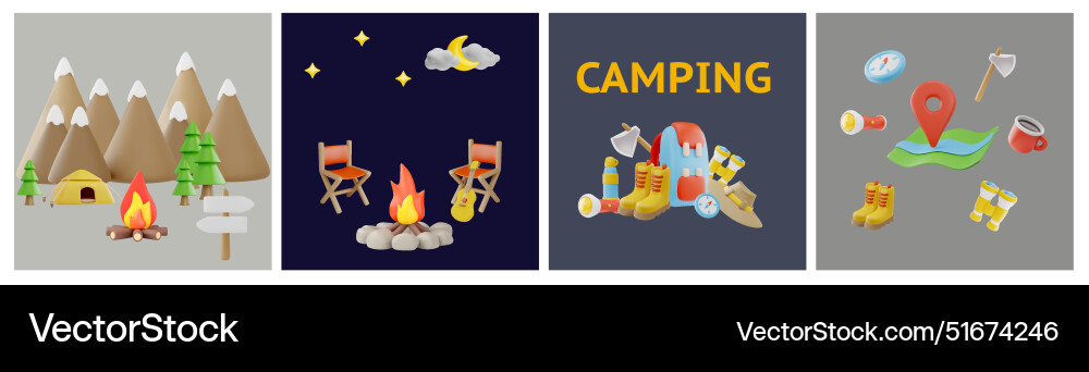 Outdoor camping adventure 3d icon set Royalty Free Vector
