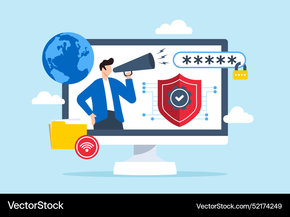 Flat of man developing cybersecurity awareness Vector Image