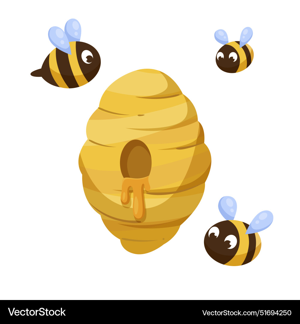 Cartoon beehive and bees on a white background Vector Image