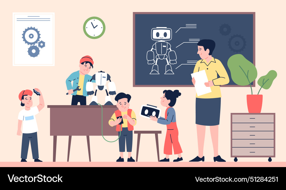 Children robotics project cute flat kids Vector Image