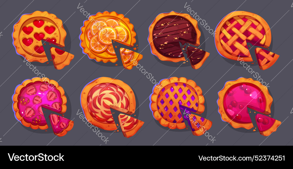 Cut round tart with triangle piece and crumbles Vector Image