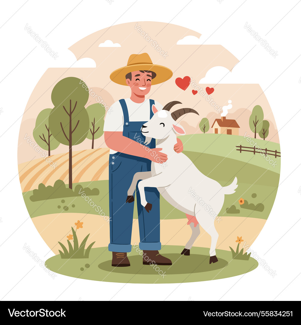 Farmer hugging goat lovingly on farm land Vector Image