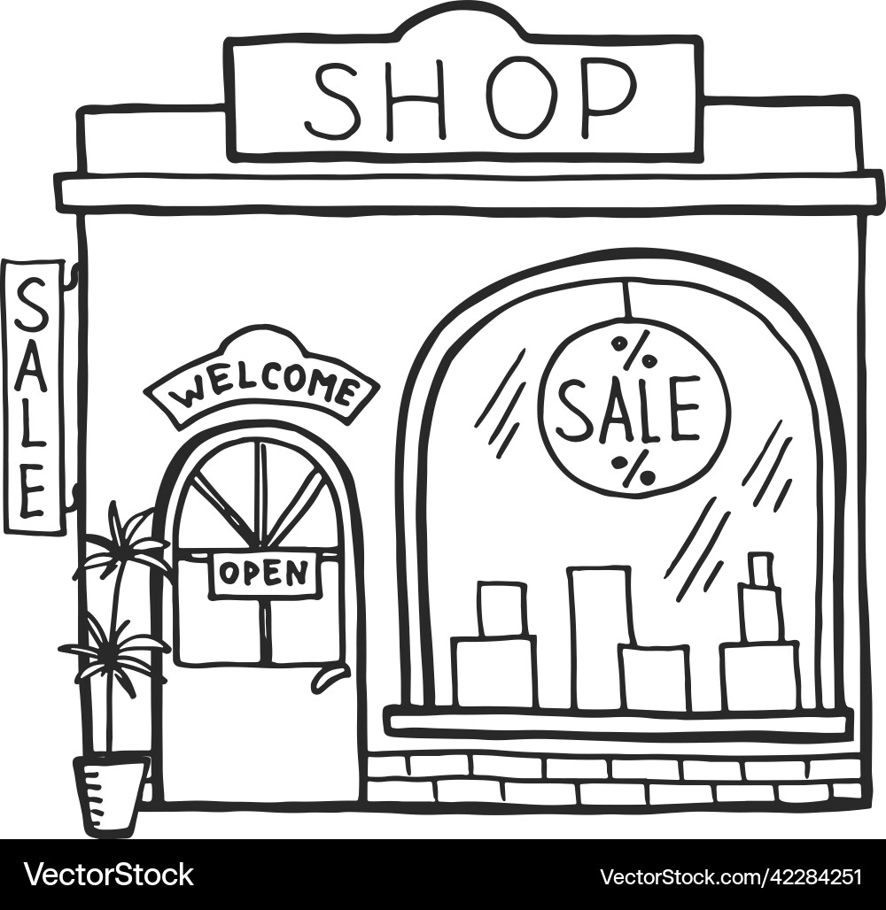 Shop building sketch black line doodle drawing Vector Image