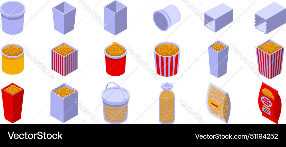 Bucket popcorn icons set isometric snack Vector Image