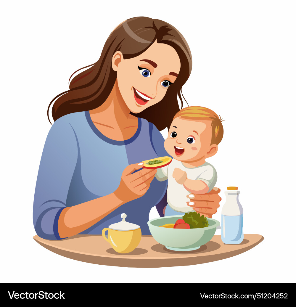 Mother feeding baby with spoon Royalty Free Vector Image
