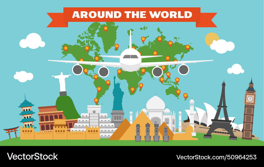 Around the world flat design with plane and map Vector Image