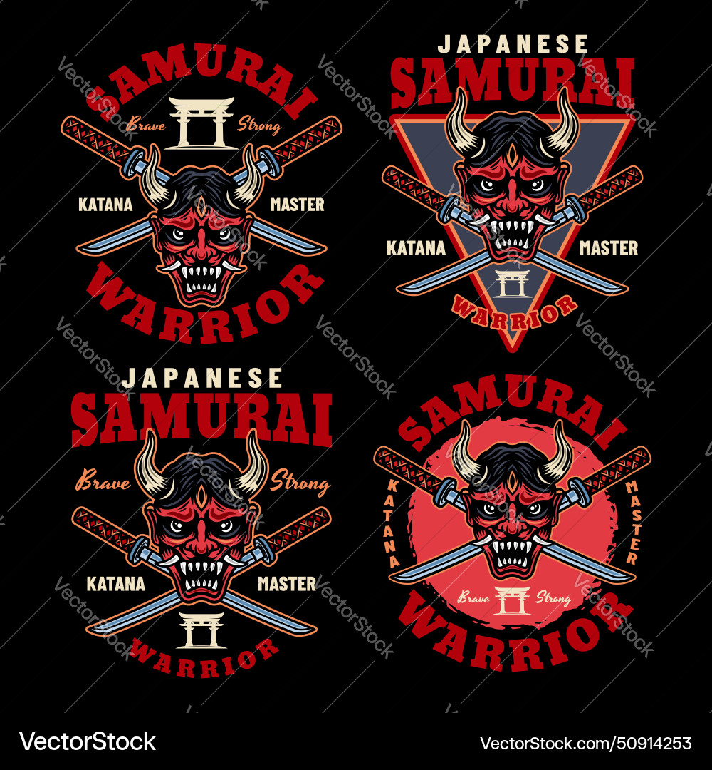 Samurai set of colored emblems badges Royalty Free Vector