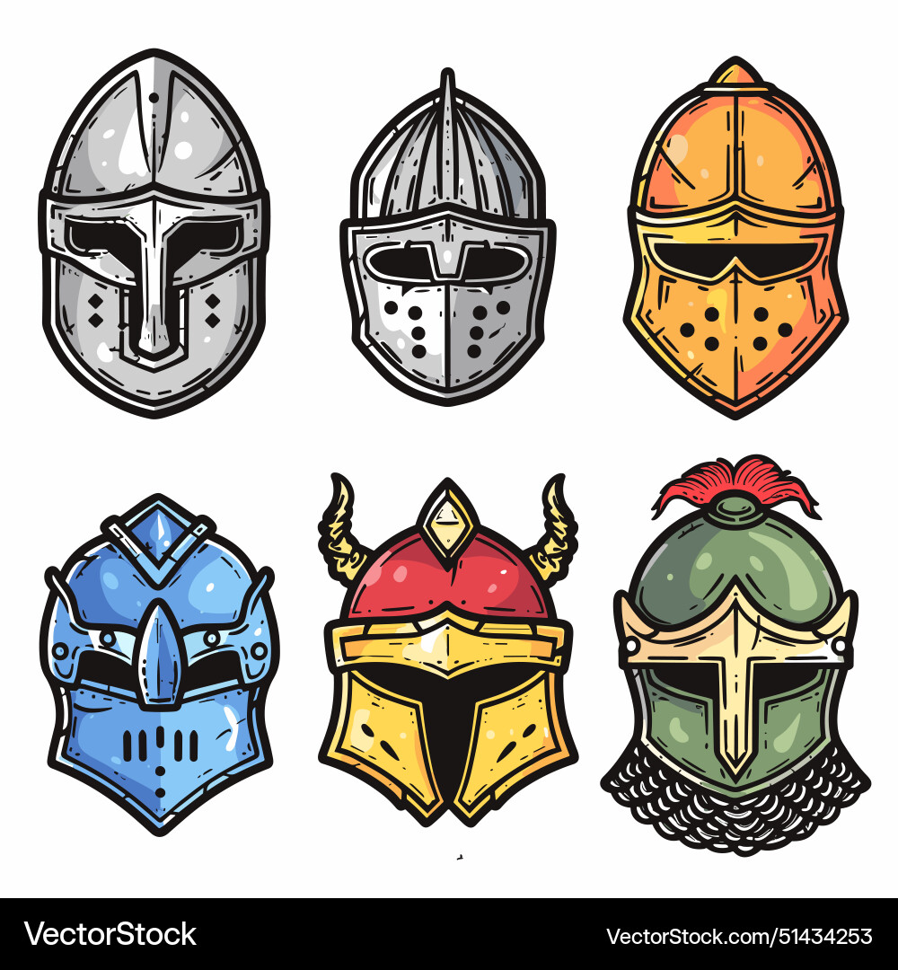 Six medieval knight helmets handdrawn colorful Vector Image