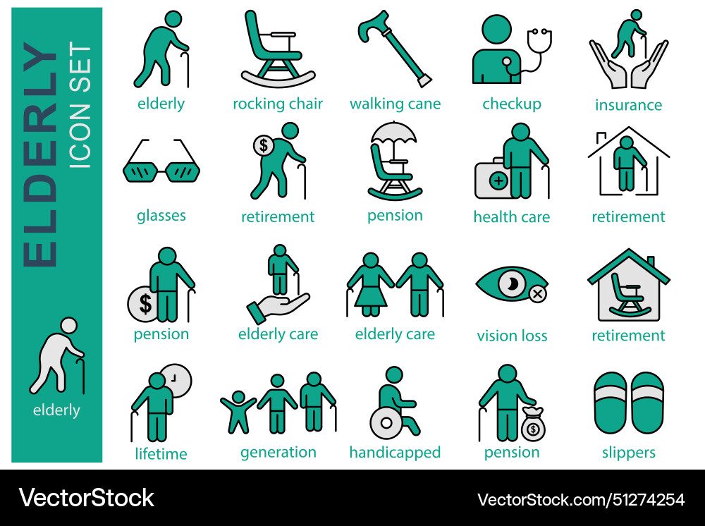 Elderly icon set care pension vision loss Vector Image
