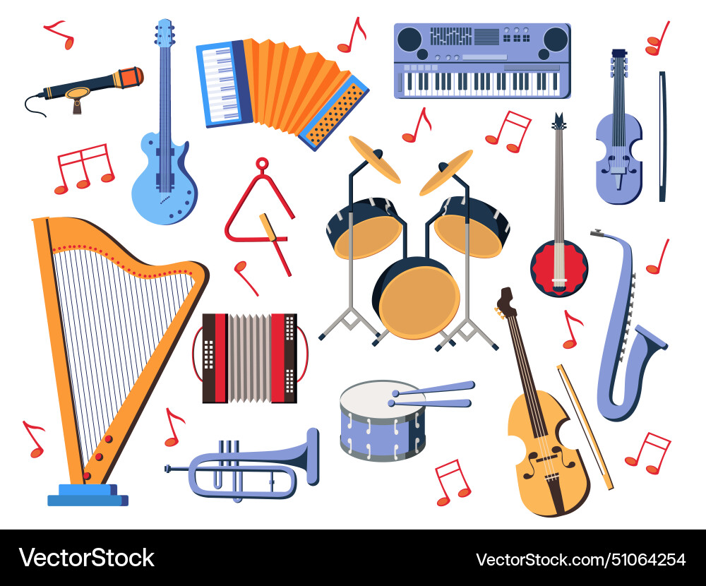 Music background orchestra instruments set guitar Vector Image