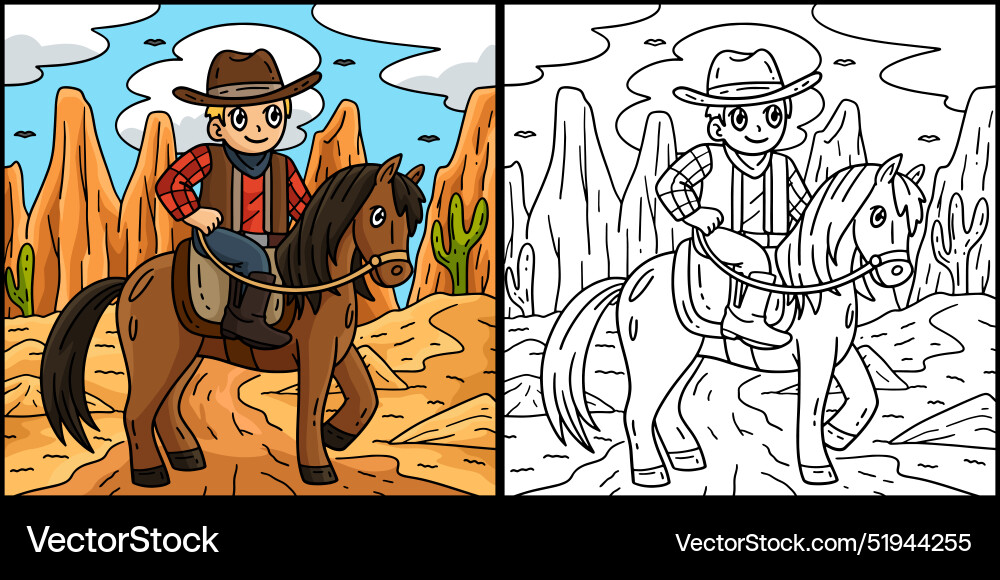 Cowboy riding a horse coloring page Royalty Free Vector