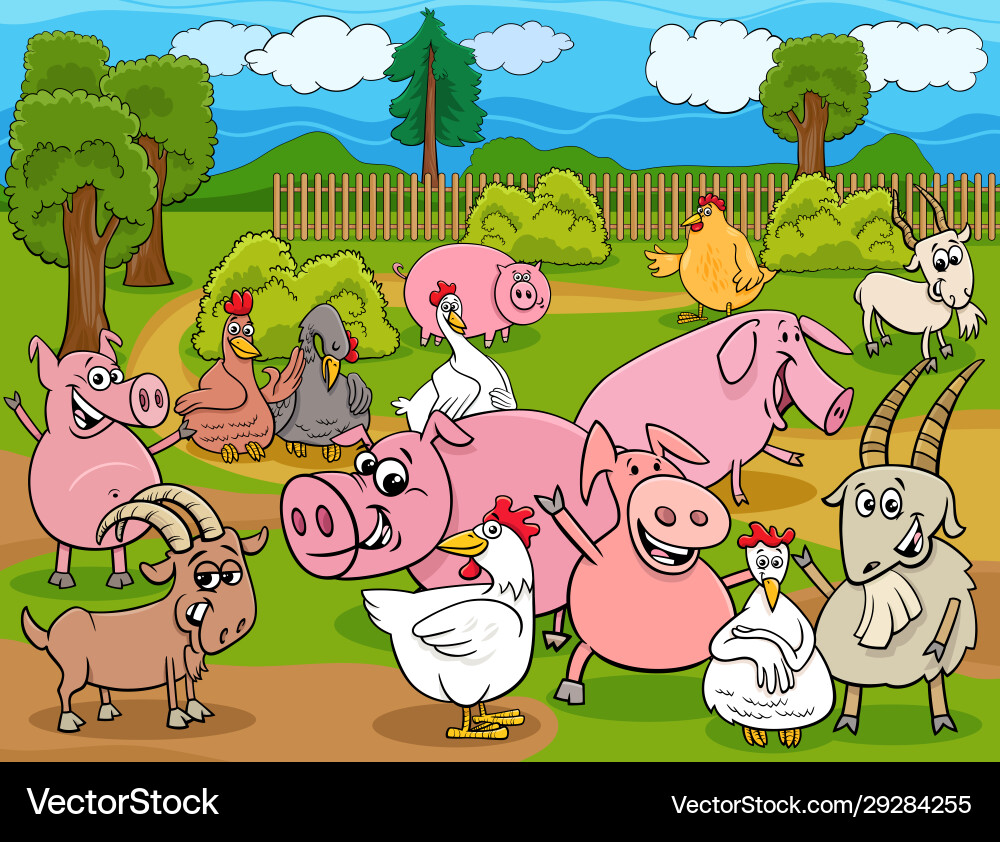 Farm animals cartoon characters group Royalty Free Vector