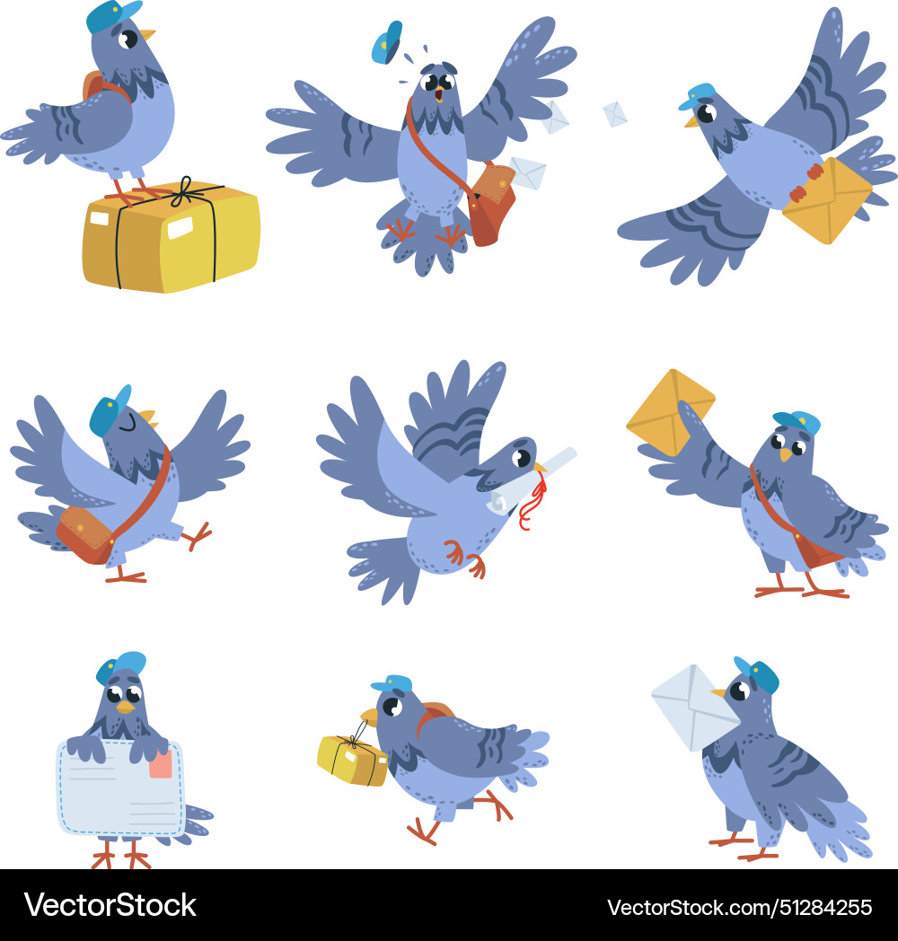 Pigeon post characters cartoon letters Royalty Free Vector