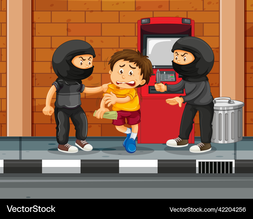 Atm scene with a boy threatened from two robbers Vector Image