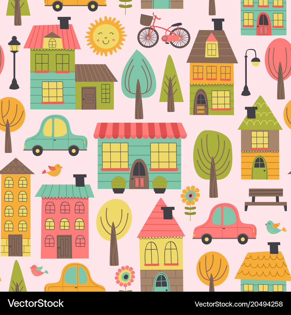 Seamless pattern with small town Royalty Free Vector Image