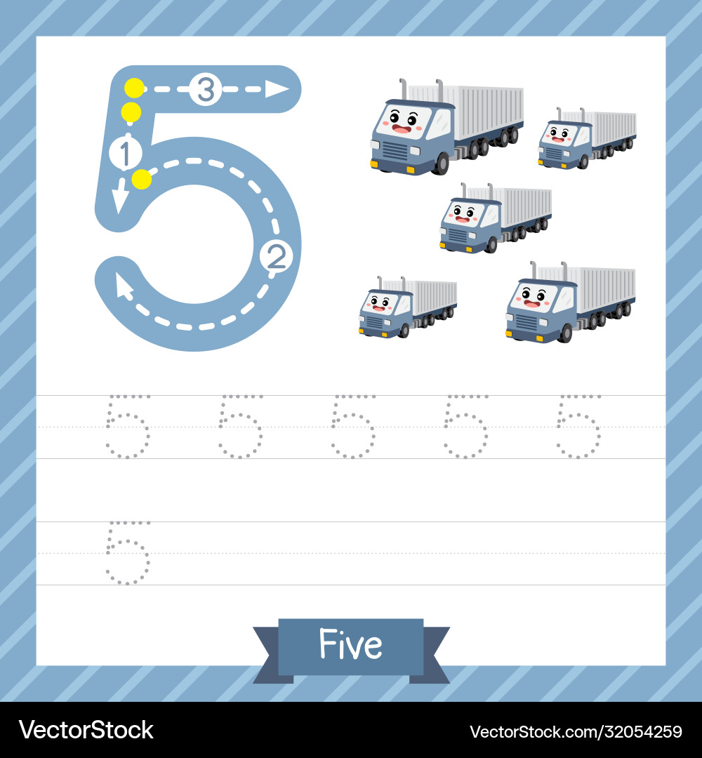 Number Five Tracing Worksheet - Trucks Royalty Free Vector