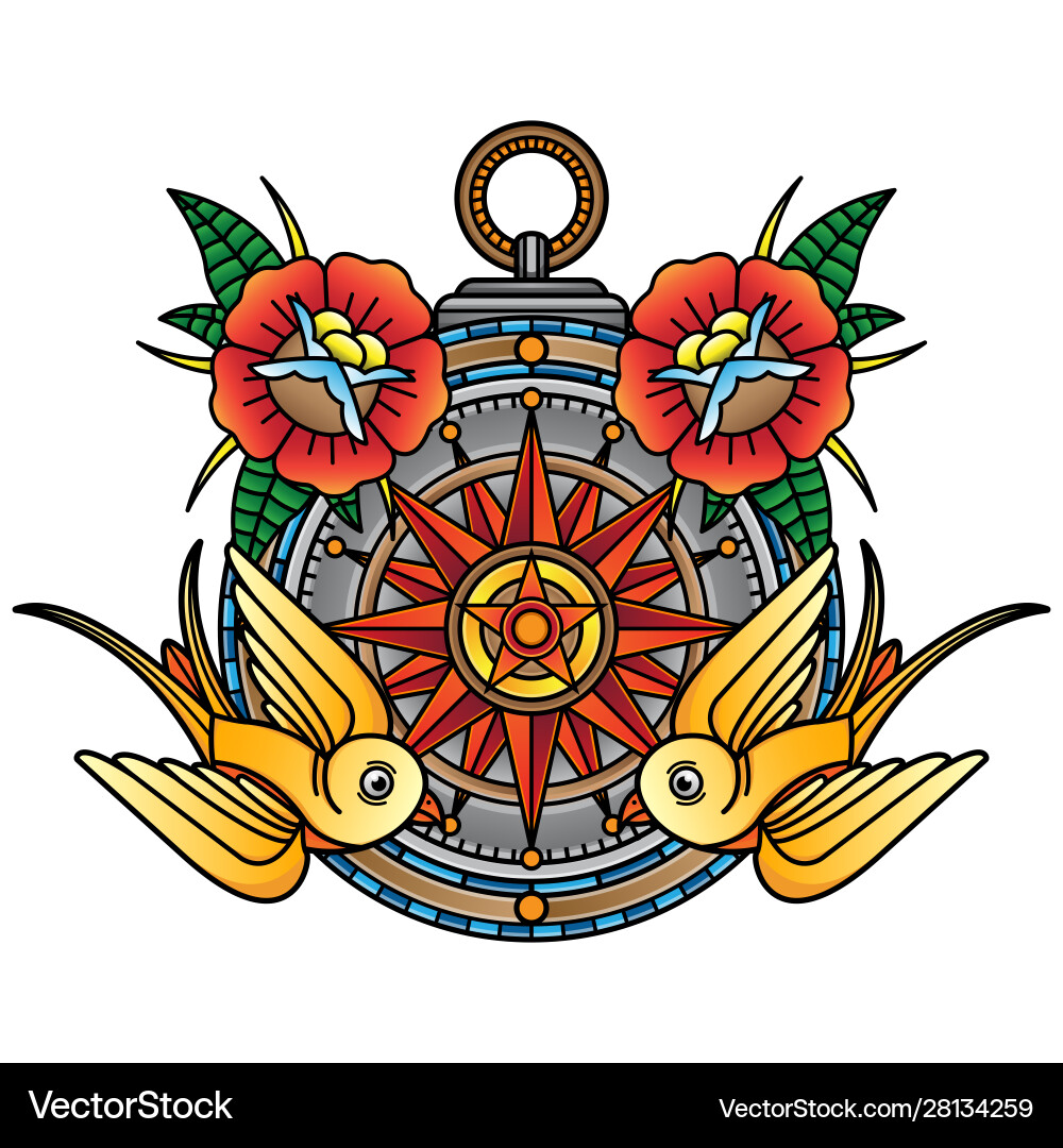 Traditional compass tattoo flash Royalty Free Vector Image