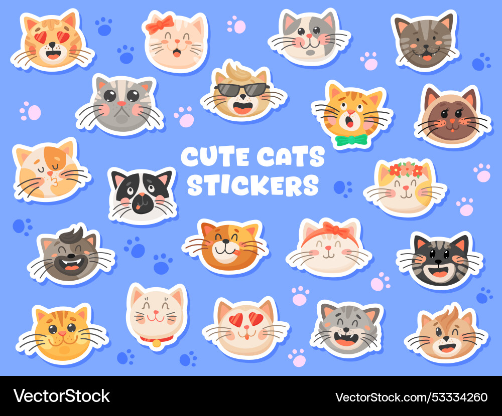 Cute cat kitten pet stickers funny muzzle faces Vector Image