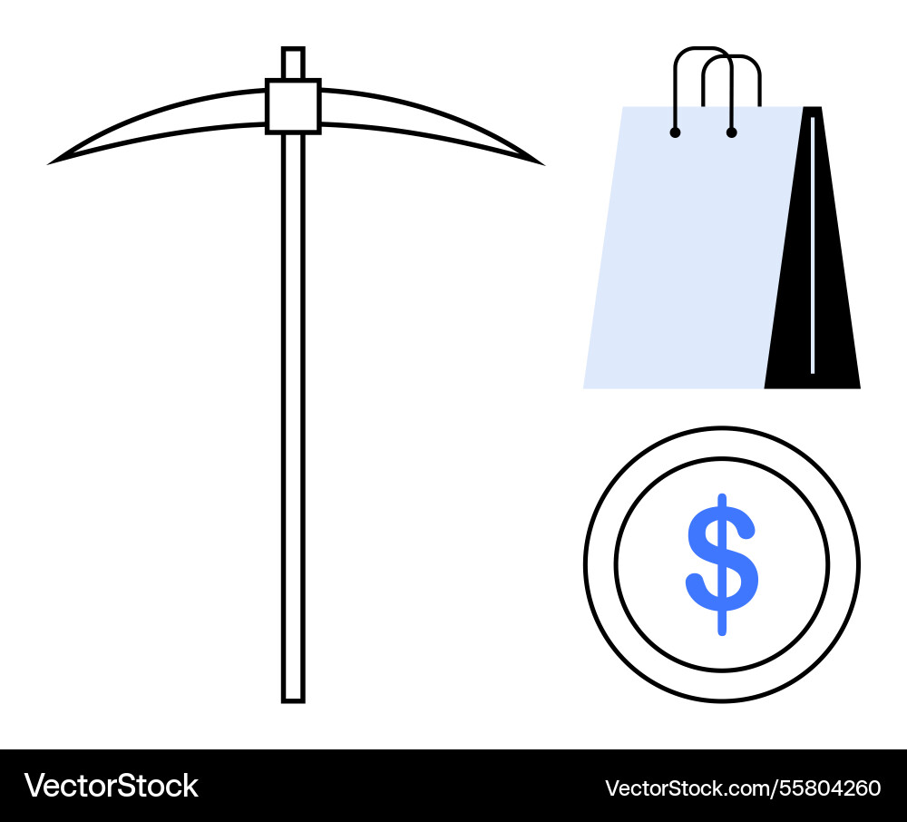 Mining pickaxe with shopping bag and coin Vector Image