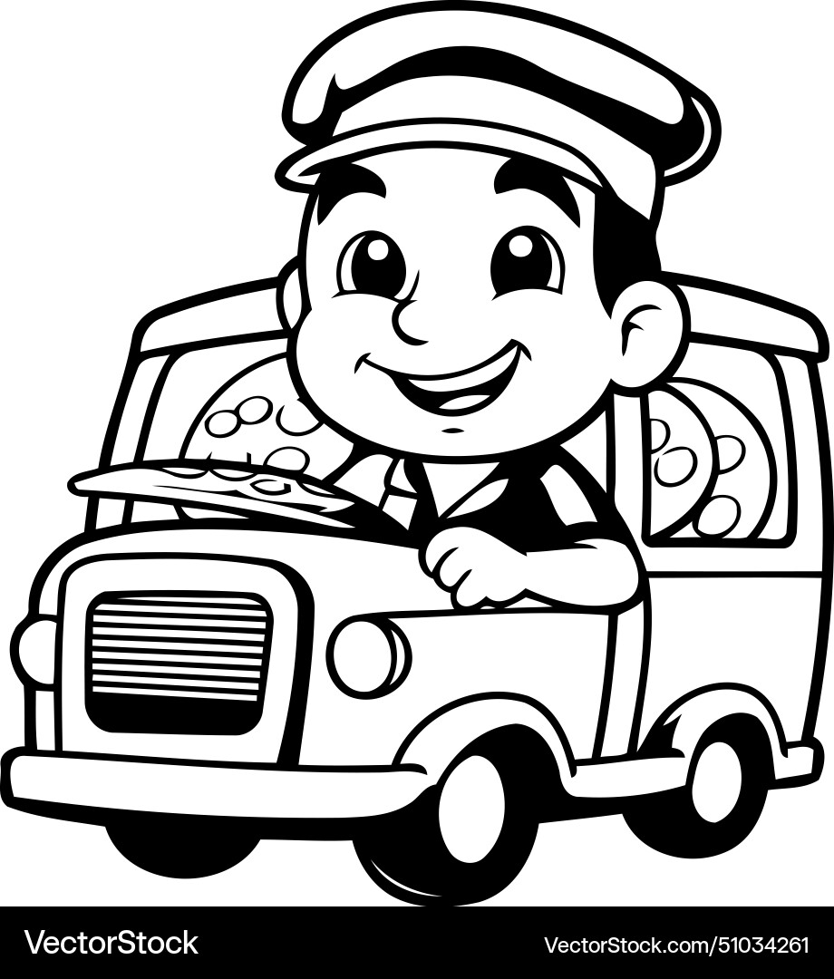 Cartoon delivery boy driving a van on white Vector Image