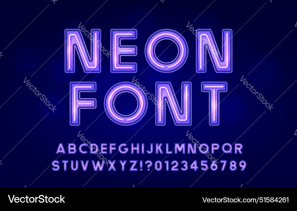 Purple neon light latin font with numbers Vector Image