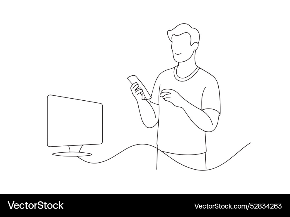 A man controls his television with smartphone Vector Image