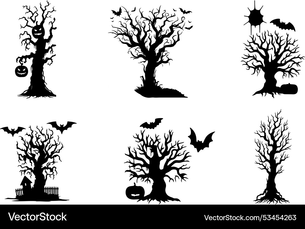 Set of halloween dead trees silhouette Royalty Free Vector