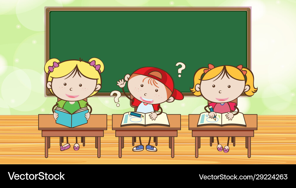 Three students asking questions in classroom Vector Image