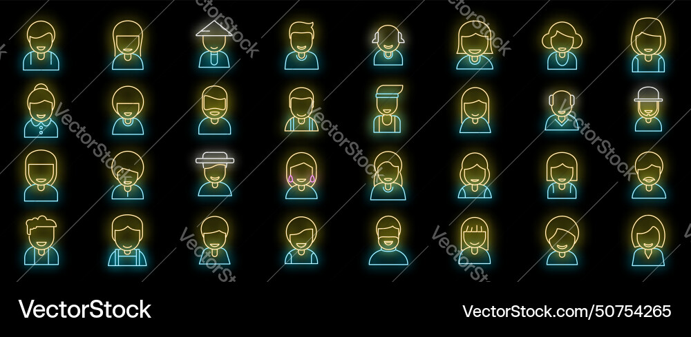 Smiling people icons set neon Royalty Free Vector Image