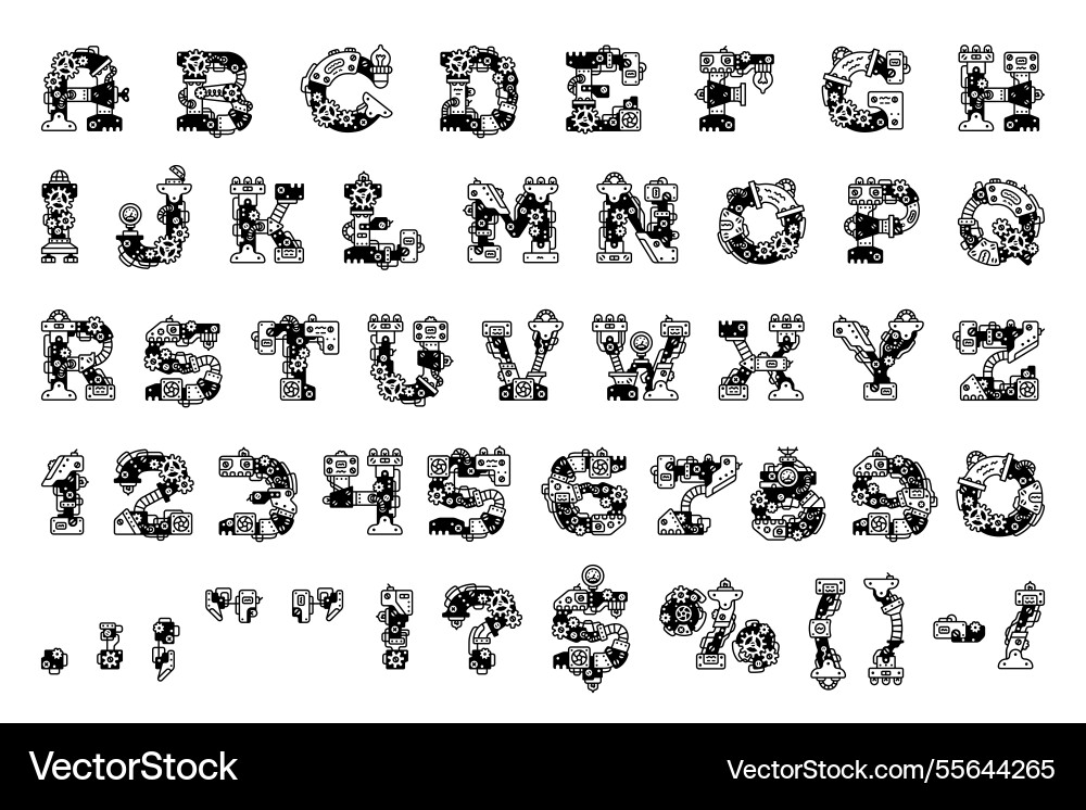 Steampunk font alphabet machine gear typeface Vector Image