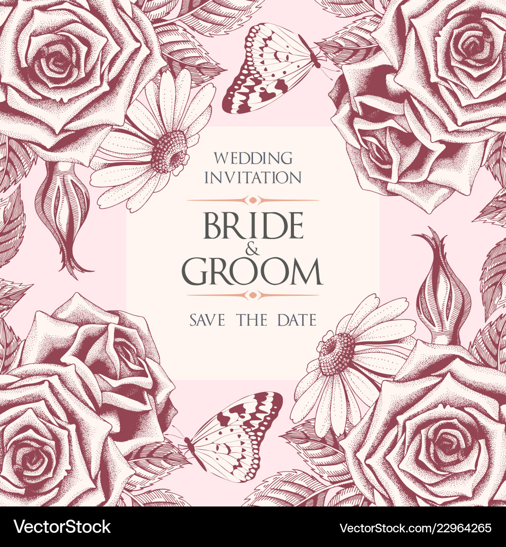Wedding invitation with hand drawn roses Vector Image
