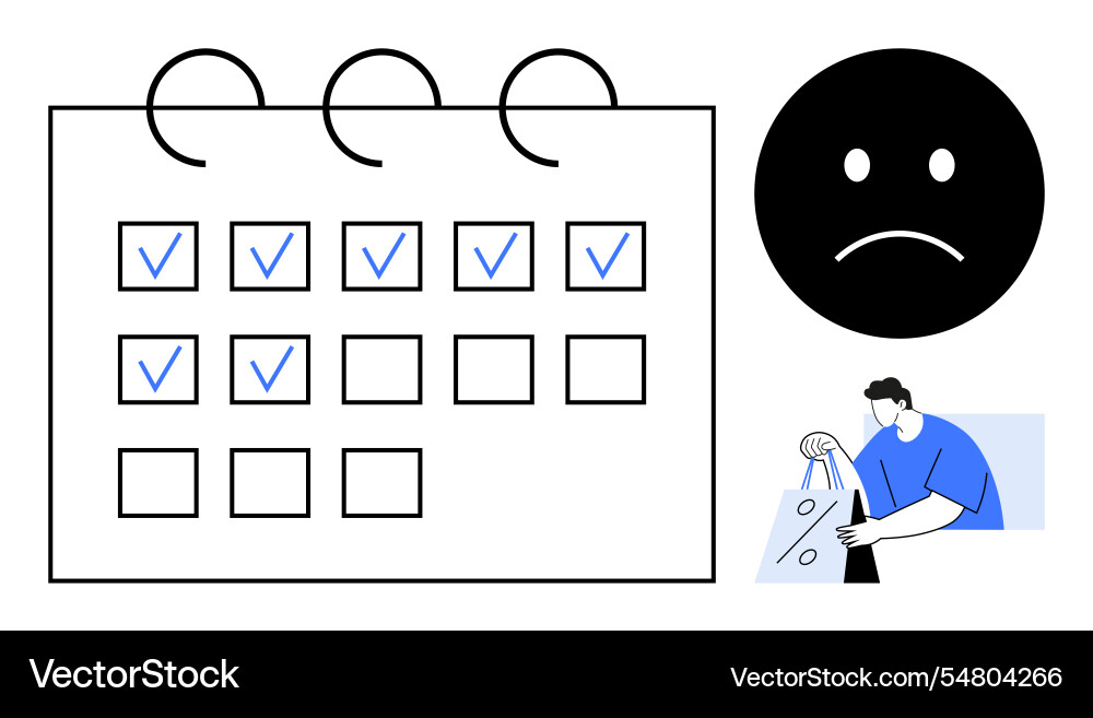 Calendar with completed tasks sad face Royalty Free Vector