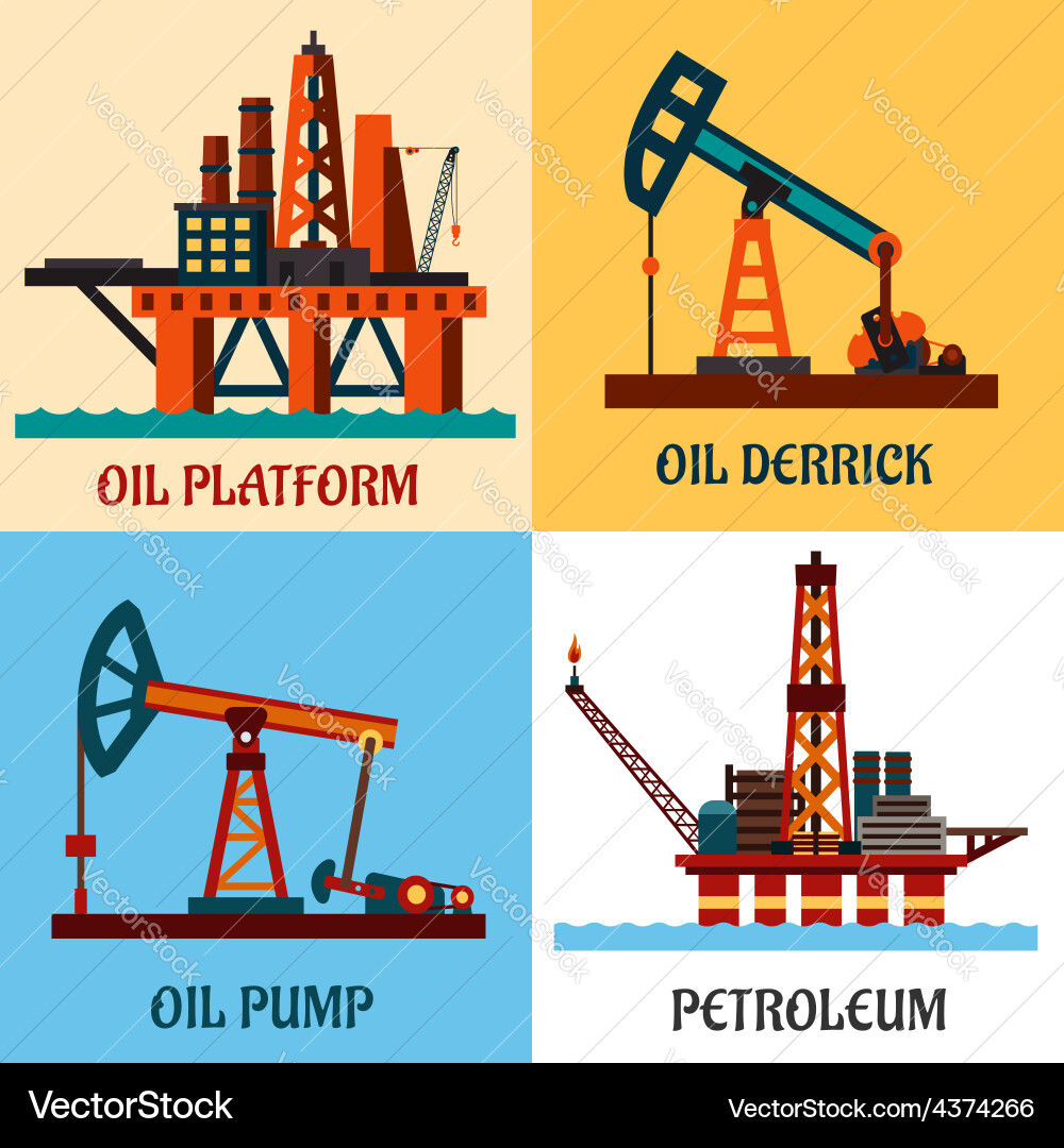 Oil Production Icons - Derrick & Platforms Vector Image