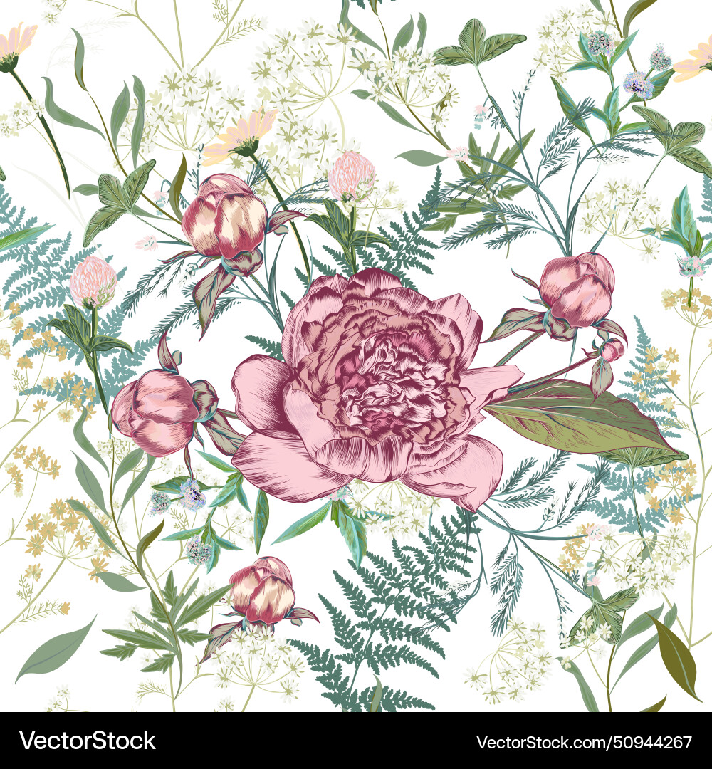 Blooming peony floral pattern with green herbs Vector Image