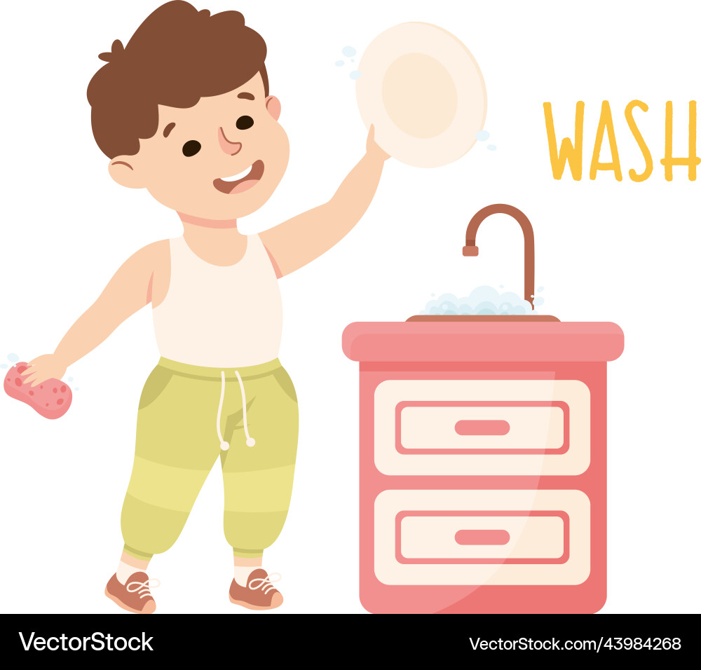 Little boy washing dishes at kitchen sink Vector Image