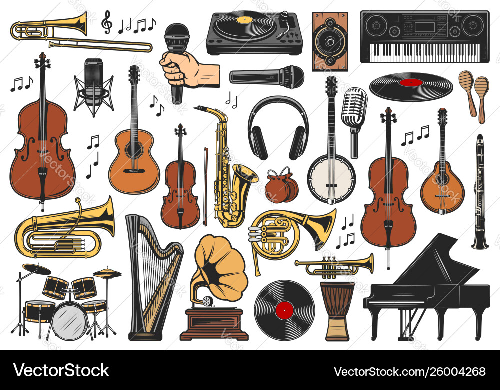 Music instruments musical notes and equipment Vector Image