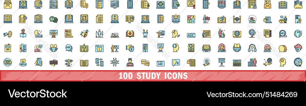 100 study icons set color line style Royalty Free Vector