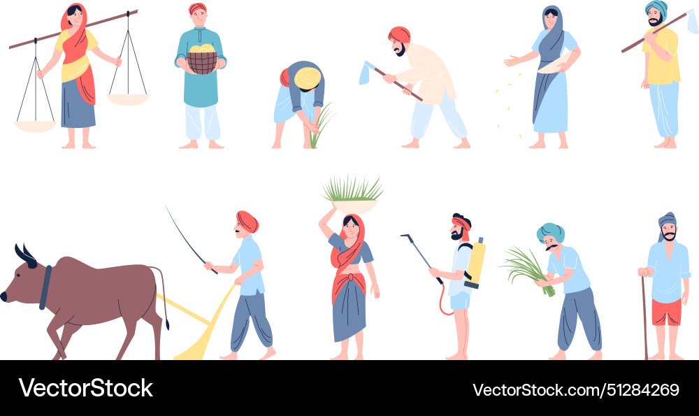 Indian farmers characters asian working Royalty Free Vector