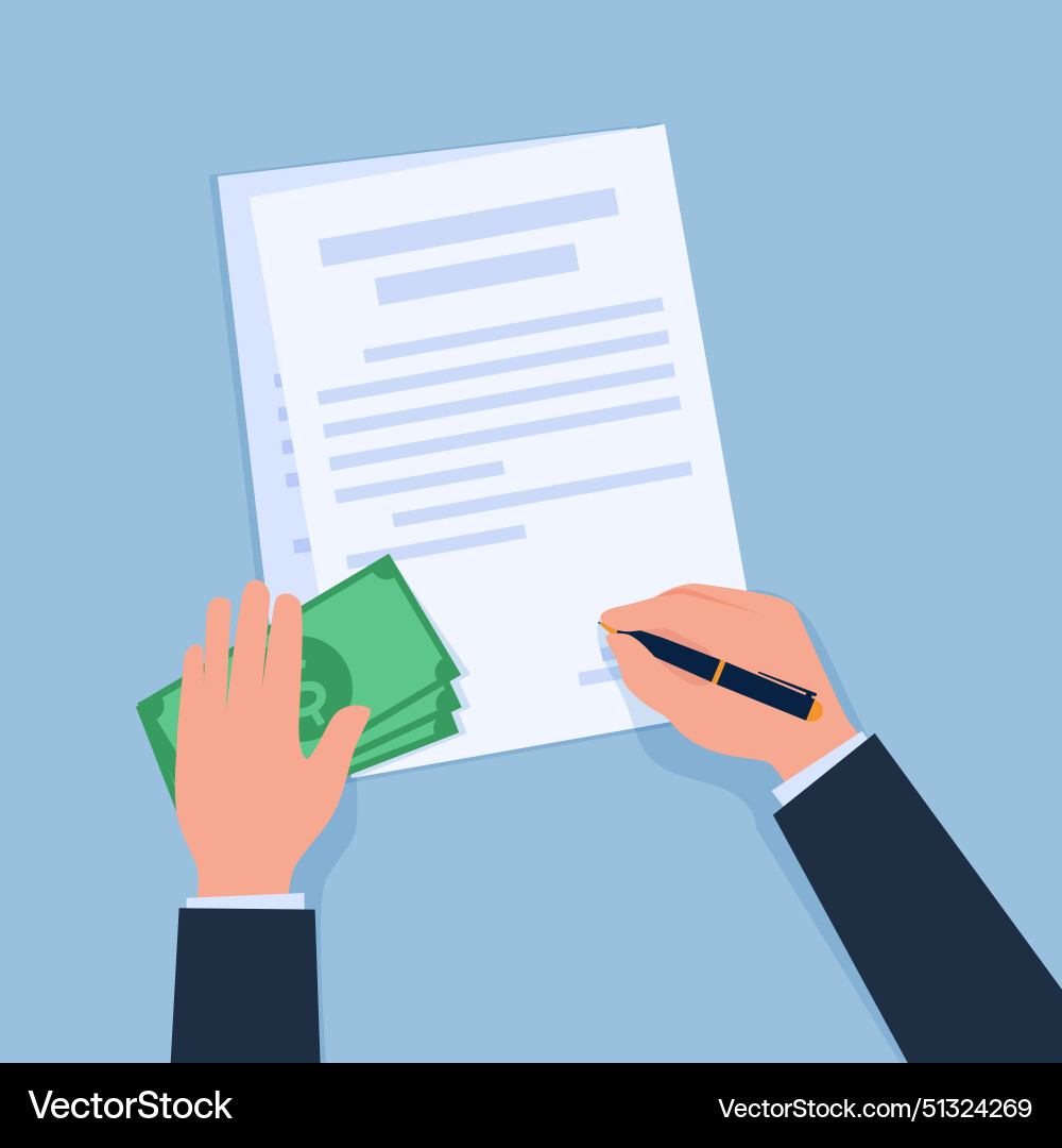 One hand signs an agreement while the other Vector Image